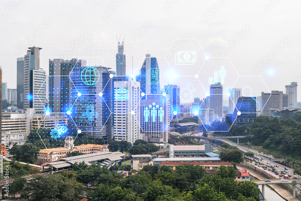 Research and development hologram over panorama city view of Kuala ...