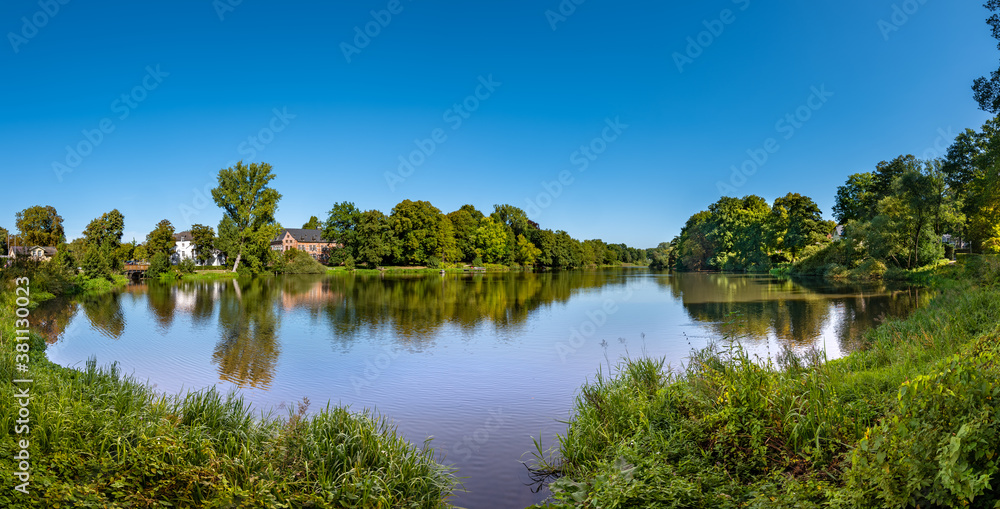 Reinbek, Germany, near Hamburg. The lake Muehlenteich and the Reinbek ...