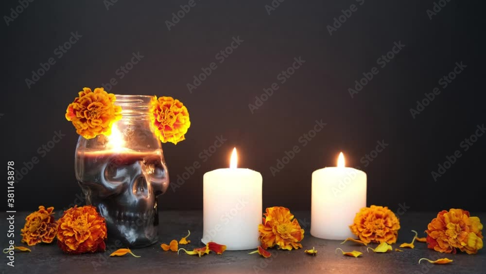 Burning candles, Skull and marigold flowers. Dia de los muertos day or ...