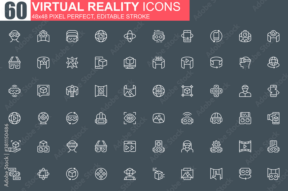Virtual reality thin line icon set. 3d simulation and computer vision ...
