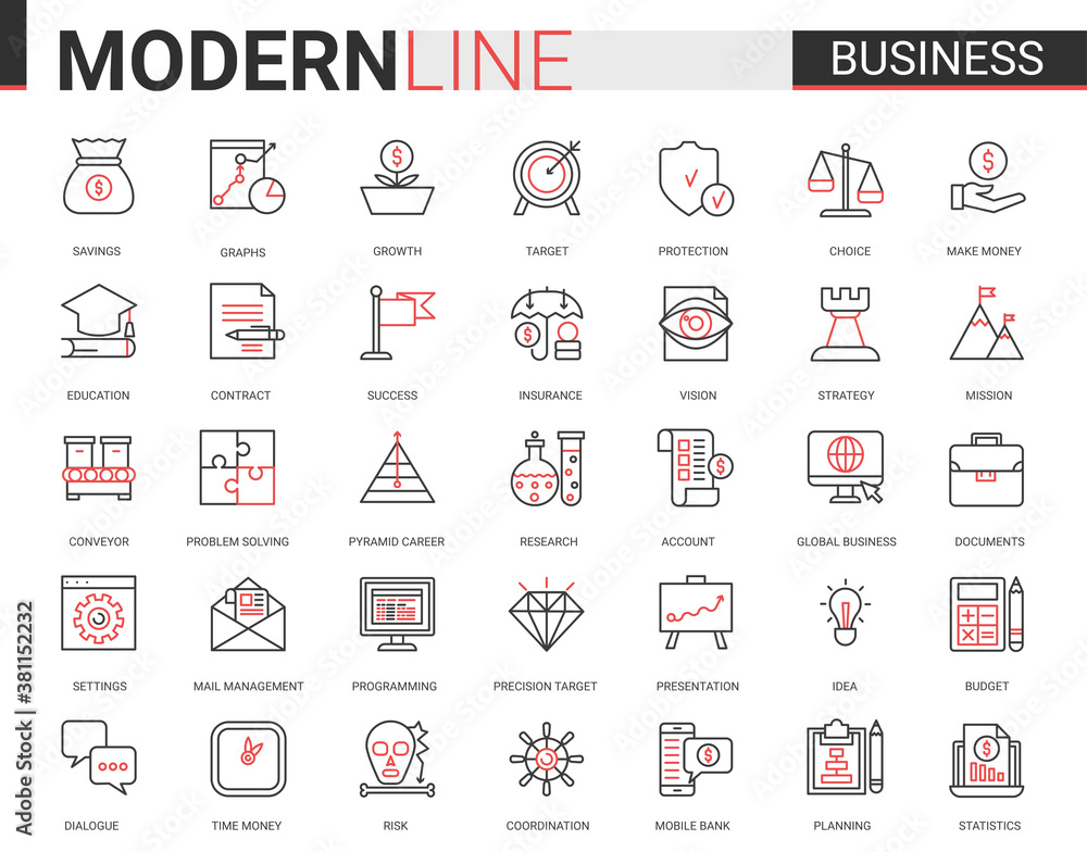 Vetor de Business flat thin red black line icon vector illustration set with outline infographic ...