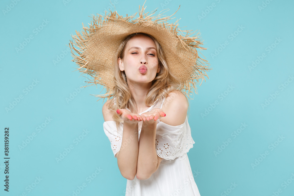 Funny pretty blinking beautiful young blonde woman 20s wearing white ...