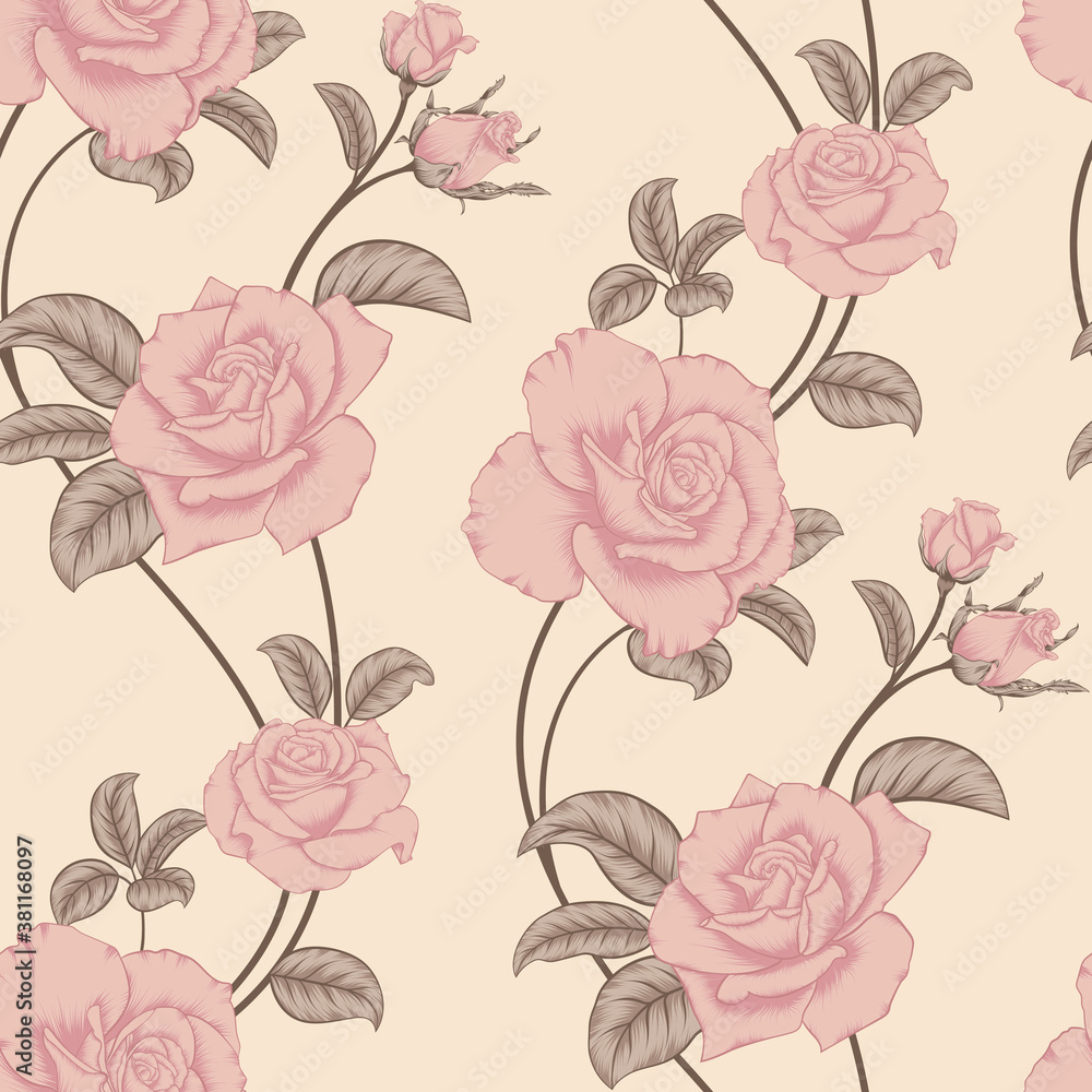Seamless Pink Retro Roses and with Green Leaves on Retro Background ...