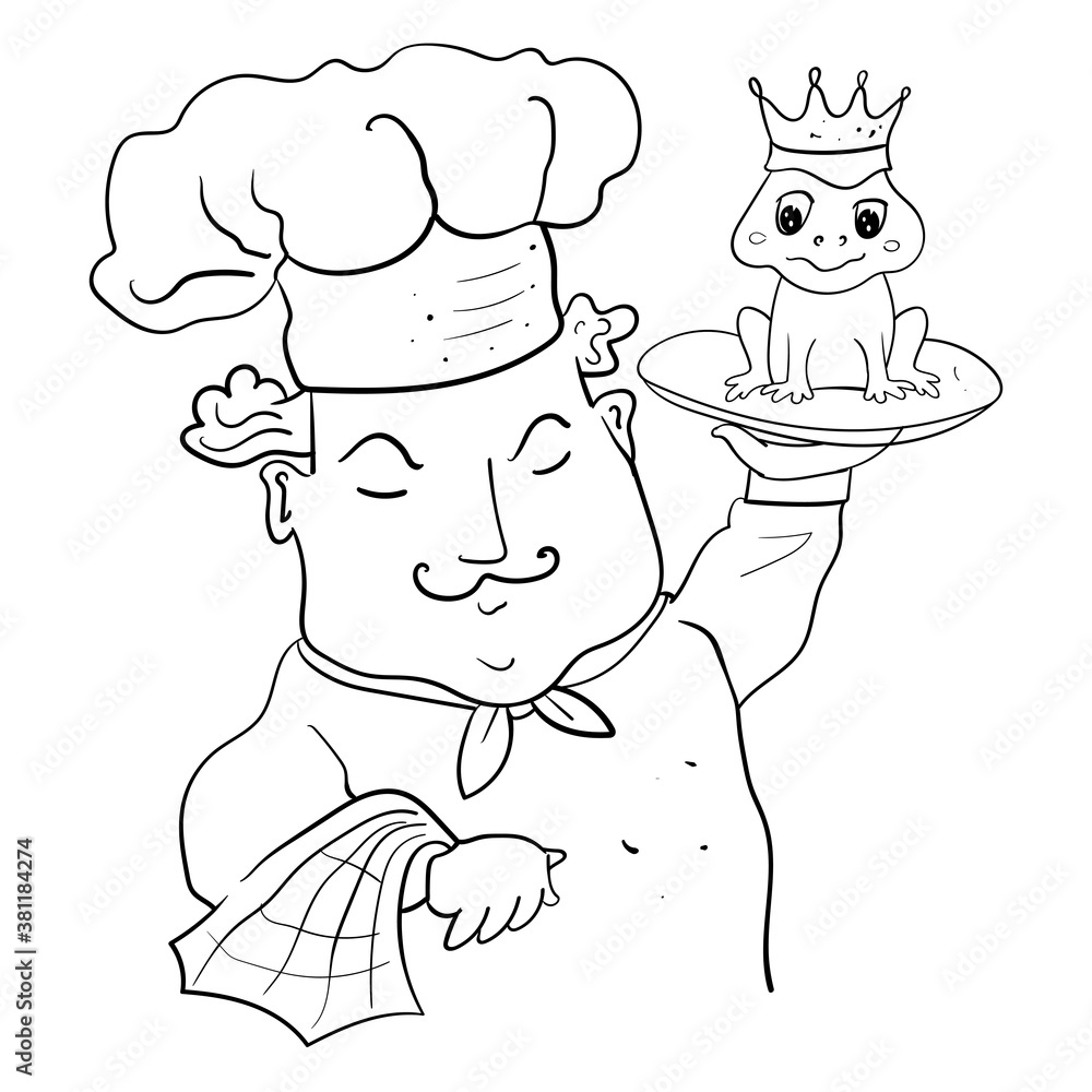 Vetor de Chef with a dish. A frog on a tray. Coloring page or book for ...