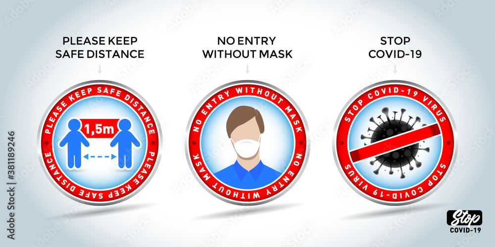 Covid-19 door stickers.Warning signs: Please keep safe distance of 1.5 ...