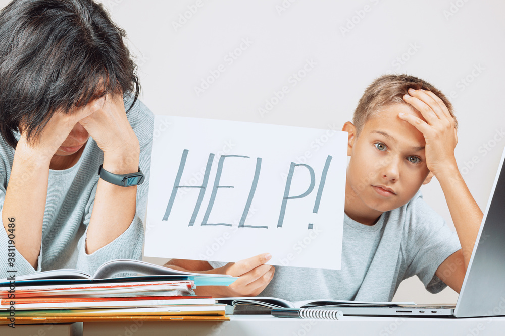 Learning difficulties, remote education, online learning concept. Tired ...