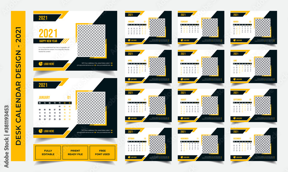 Calendar design 2021, Desk Calendar Design for 2021, 2022, Set of 12 ...