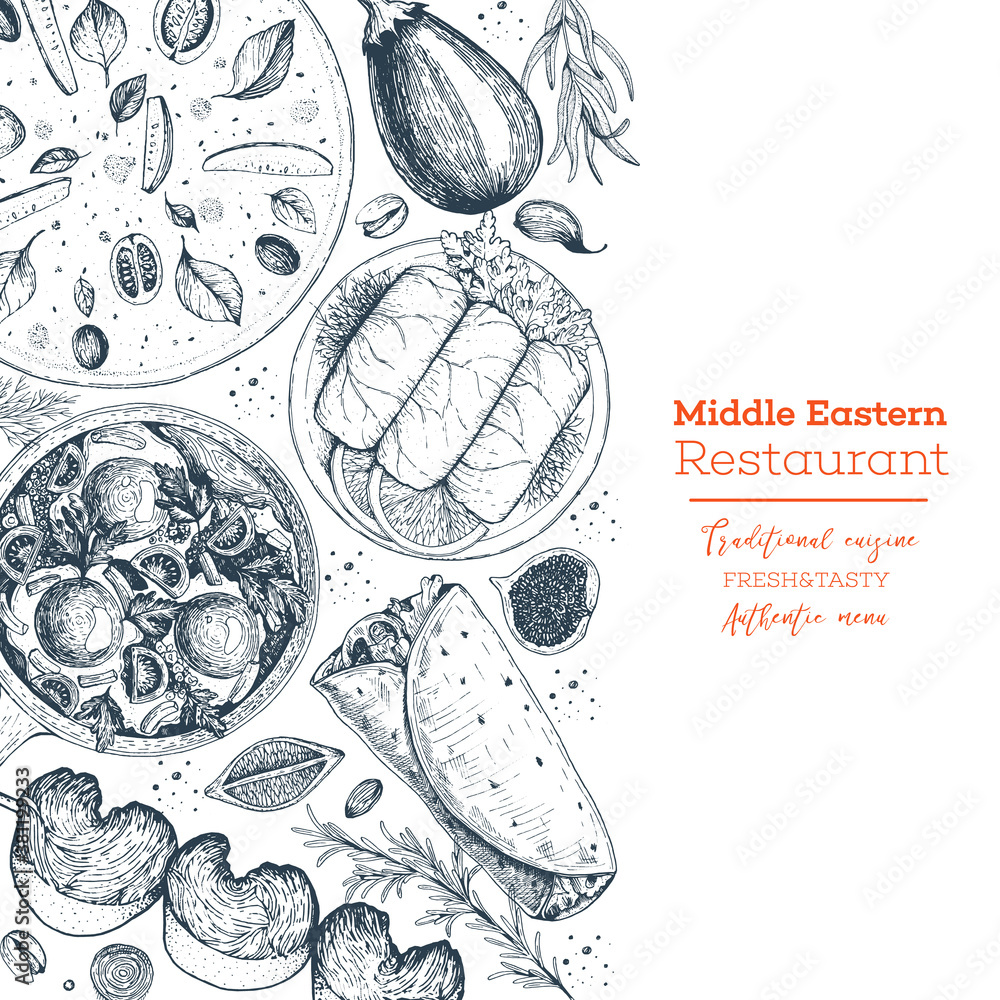 Middle eastern cuisine top view. Food menu design template with ...