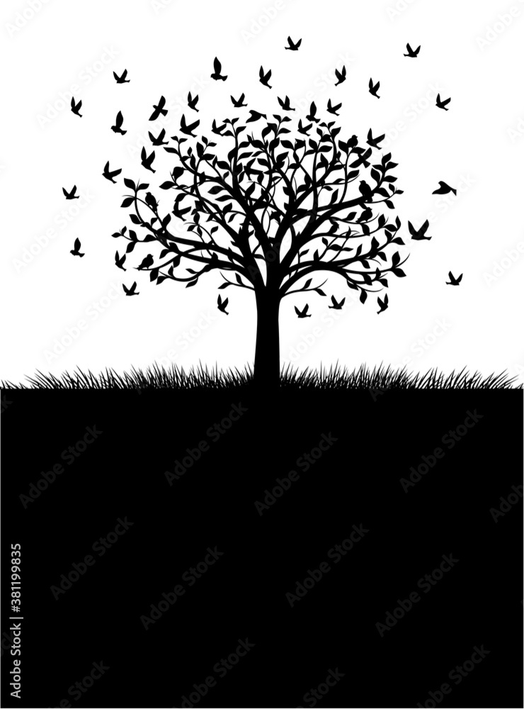 Shape of Tree, wind and black birds. Vector outline Illustration. Plant ...