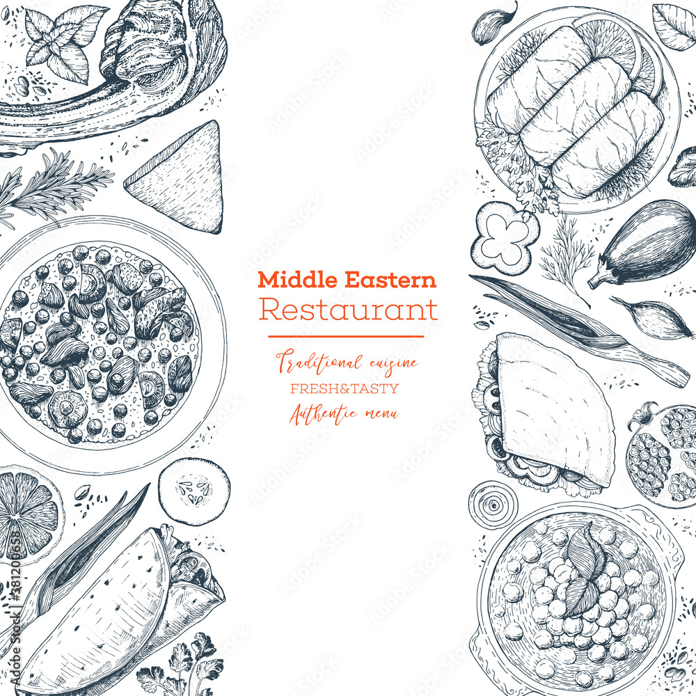 Middle eastern cuisine top view. Food menu design template with cholent ...