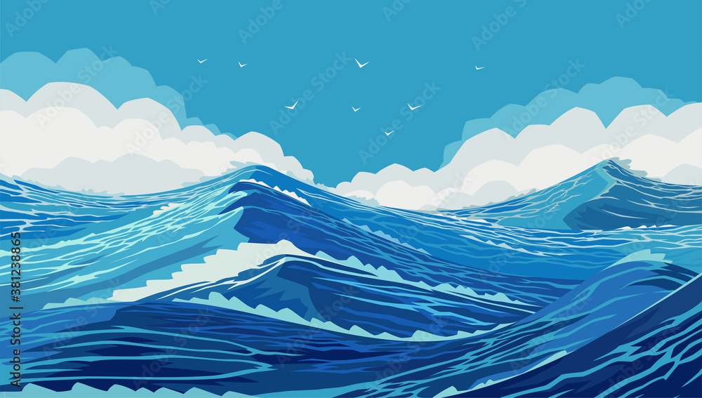 Harsh ocean with large sea waves. Drawing of ocean spaces. Wavy and ...