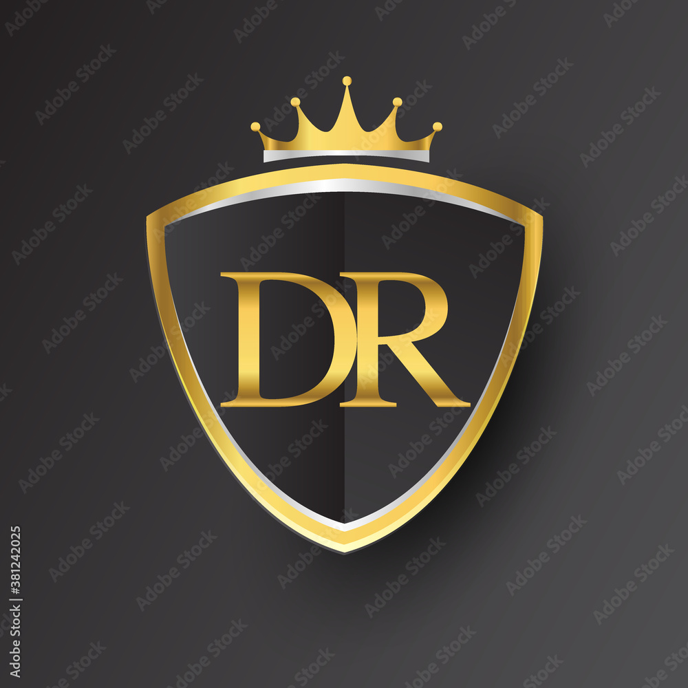 Initial logo letter DR with shield and crown Icon golden color isolated ...