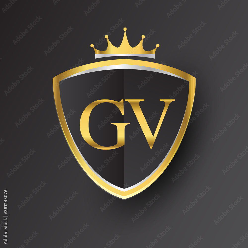 Initial logo letter GV with shield and crown Icon golden color isolated ...