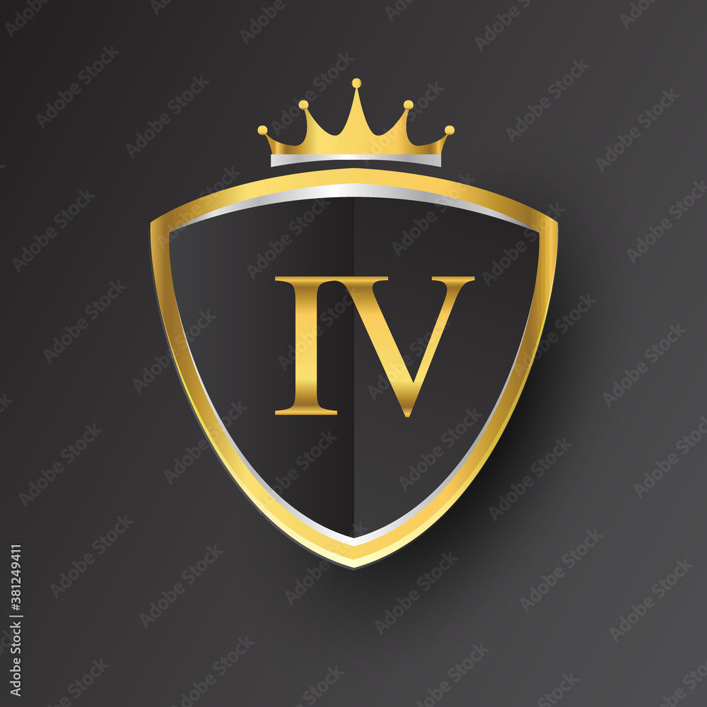 Initial logo letter IV with shield and crown Icon golden color isolated ...