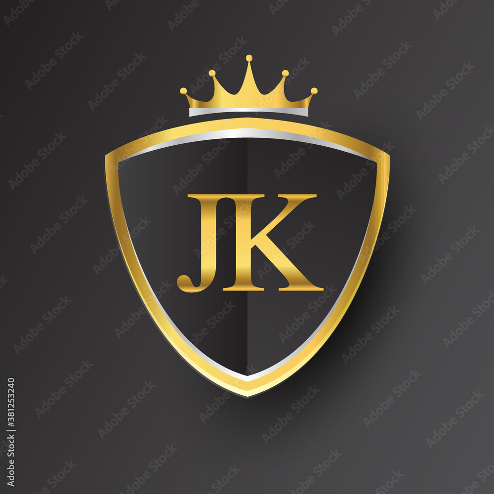 Initial logo letter JK with shield and crown Icon golden color isolated ...