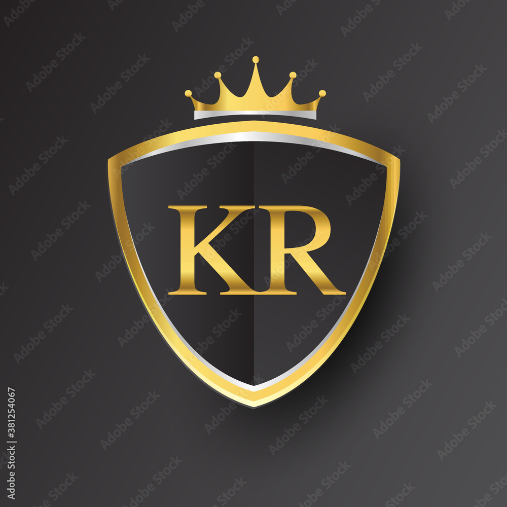 Initial logo letter KR with shield and crown Icon golden color isolated ...