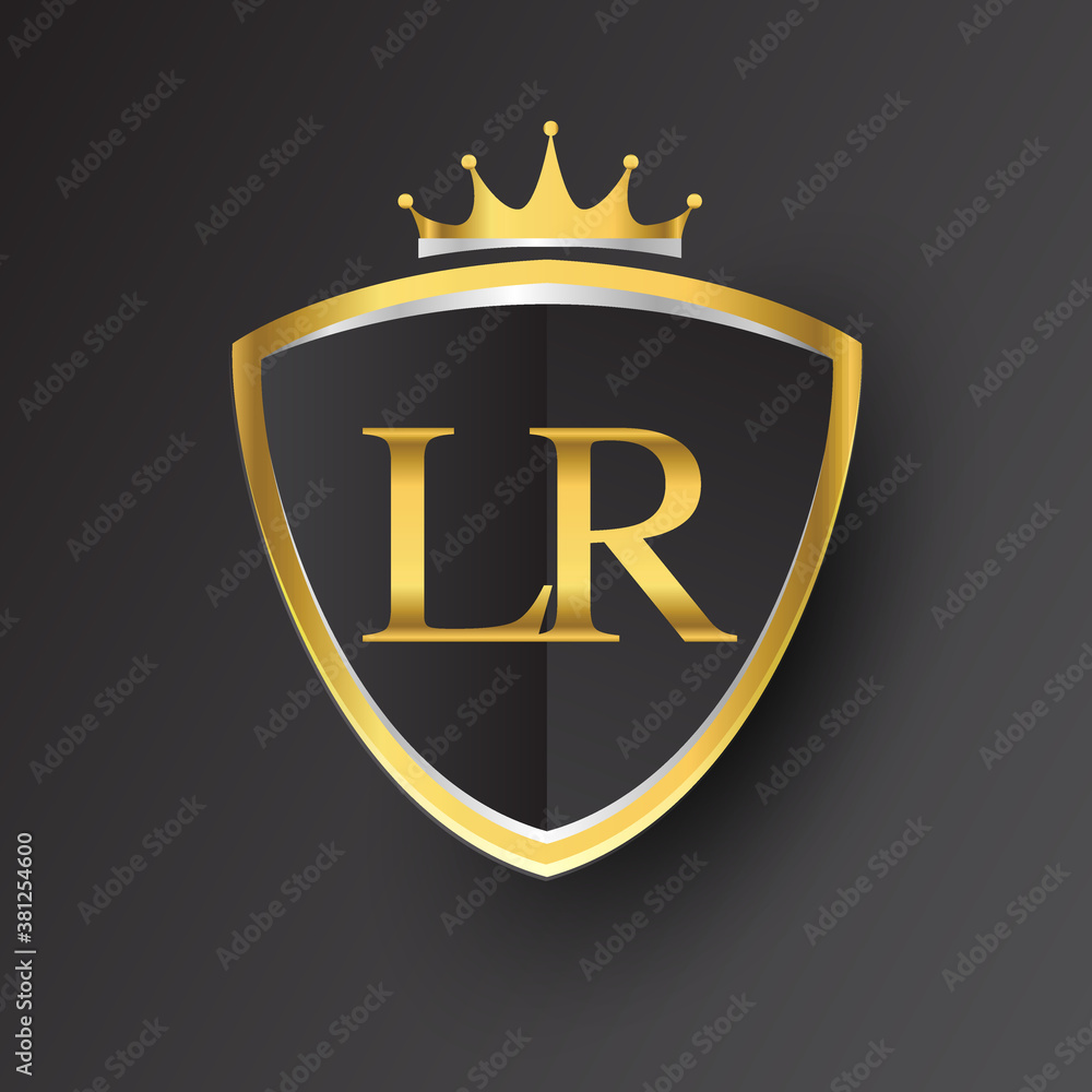 Initial logo letter LR with shield and crown Icon golden color isolated ...