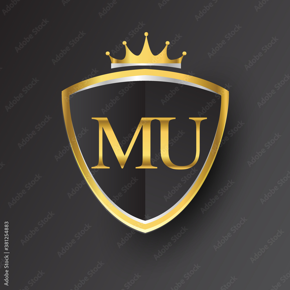 Initial logo letter MU with shield and crown Icon golden color isolated ...