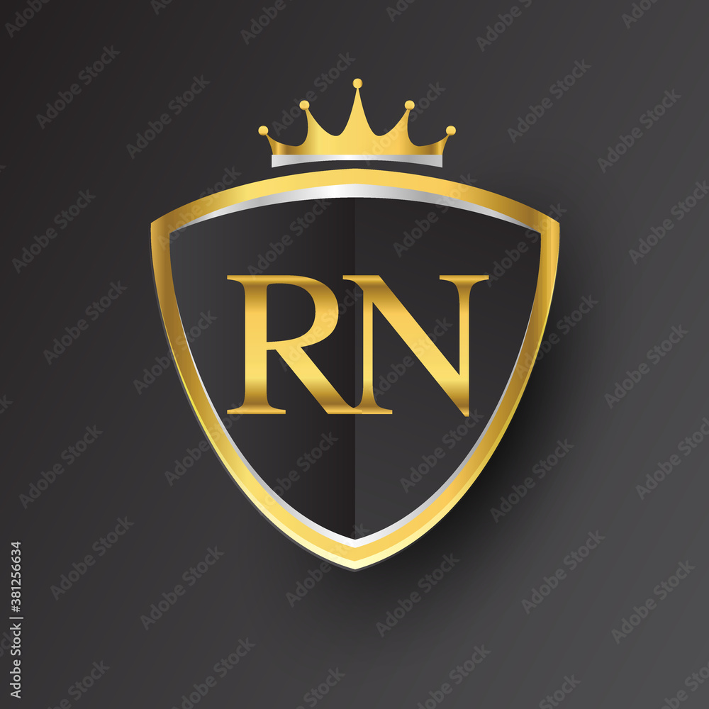Initial logo letter RN with shield and crown Icon golden color isolated ...