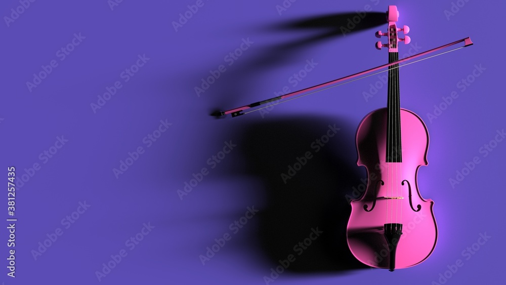 Pink classic violin on purple plate under spot lighting background. 3D ...