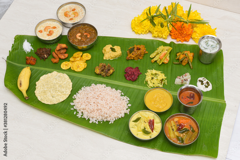 Traditional Onam sadhya, boiled rice, served for Kerala Indian festival ...