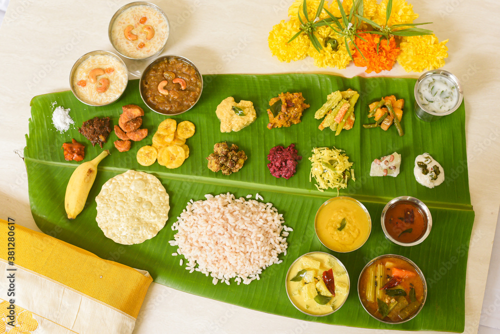 Traditional Onam sadhya, boiled rice, served for Kerala Indian festival ...