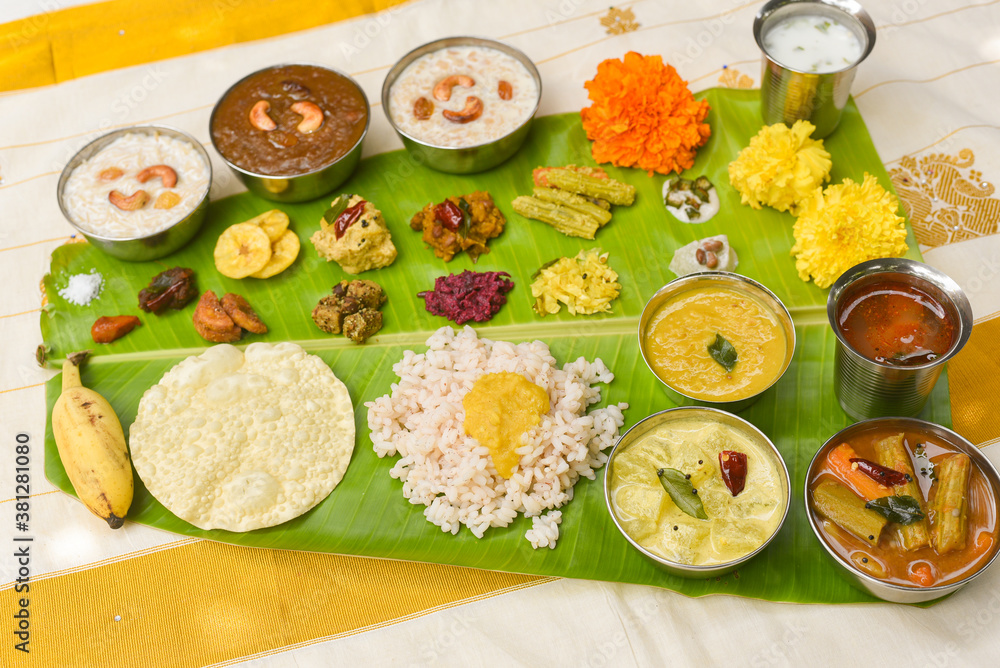 Traditional Onam sadhya, boiled rice, served for Kerala Indian festival ...