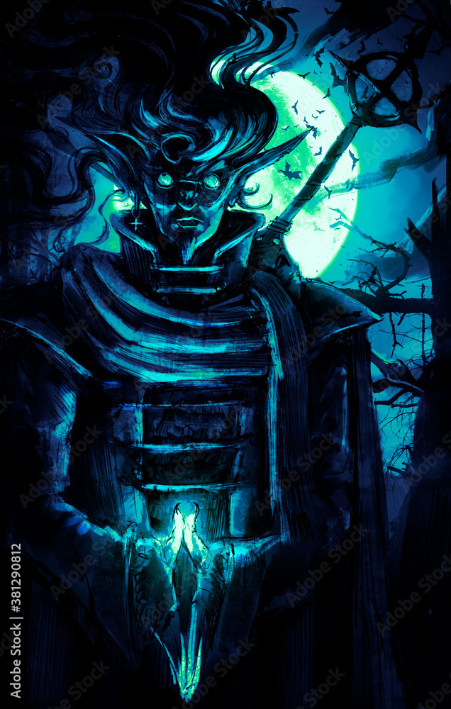 The sinister vampire hunter stands against the backdrop of a bright ...