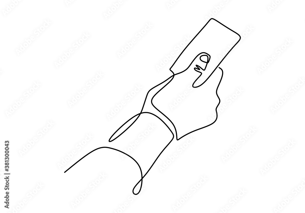 Continuous line drawing with holding a card. Hand giving a credit card ...