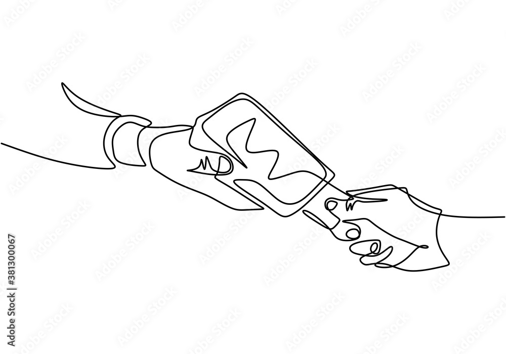 Continuous line drawing with holding a card. Hand giving a credit card ...