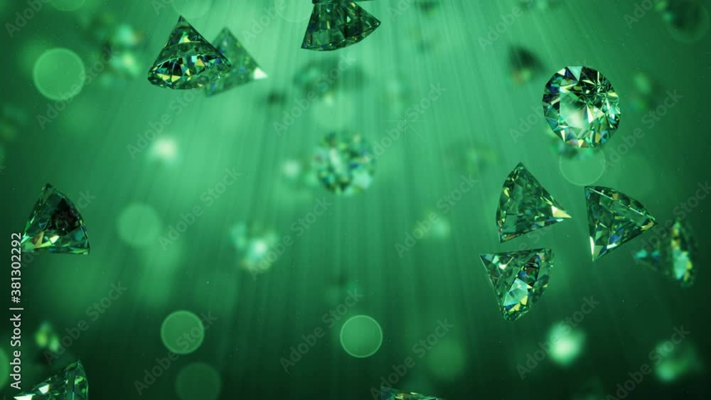 Emerald green brilliants are falling. 3D render seamless loop animation ...