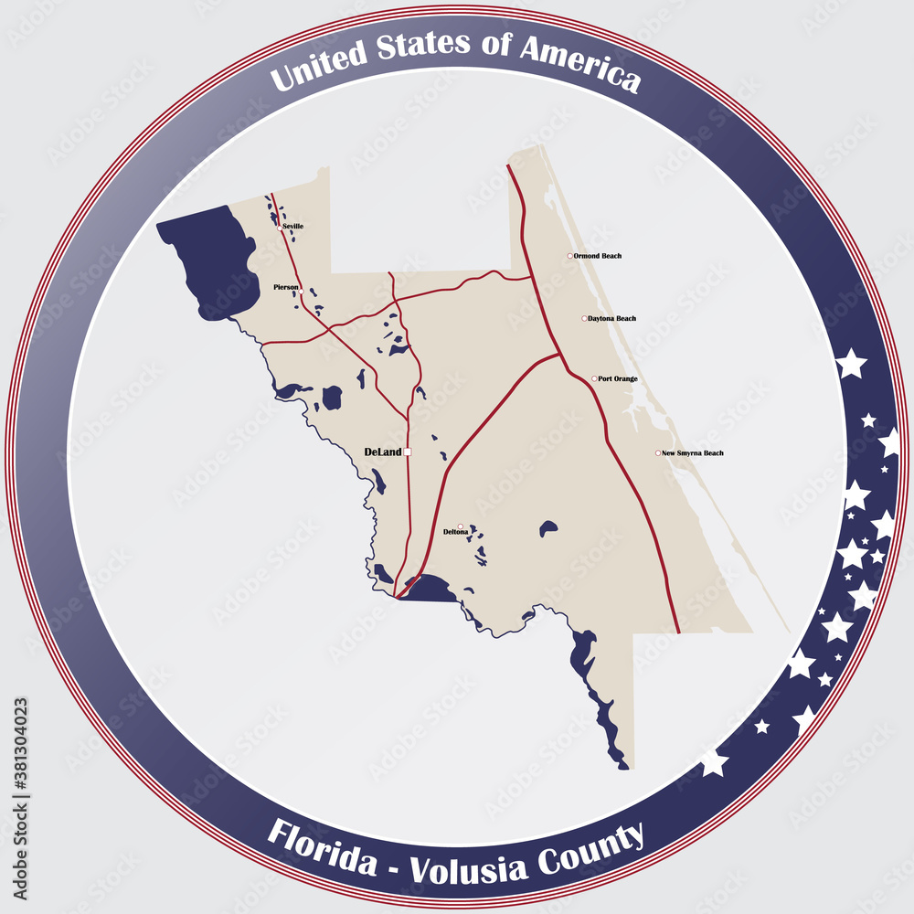 Large and detailed map of Volusia county in Florida, USA. Stock ...