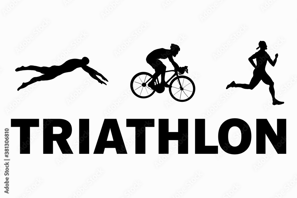 Black flat logo triathlon. Vector figures triathletes on a white ...