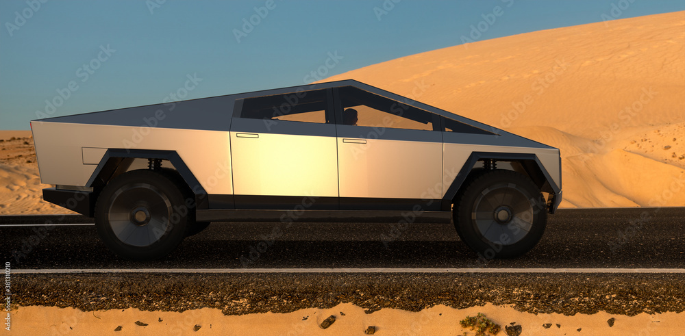 Tesla Cybertruck on an asphalt desert road. Stock Photo | Adobe Stock