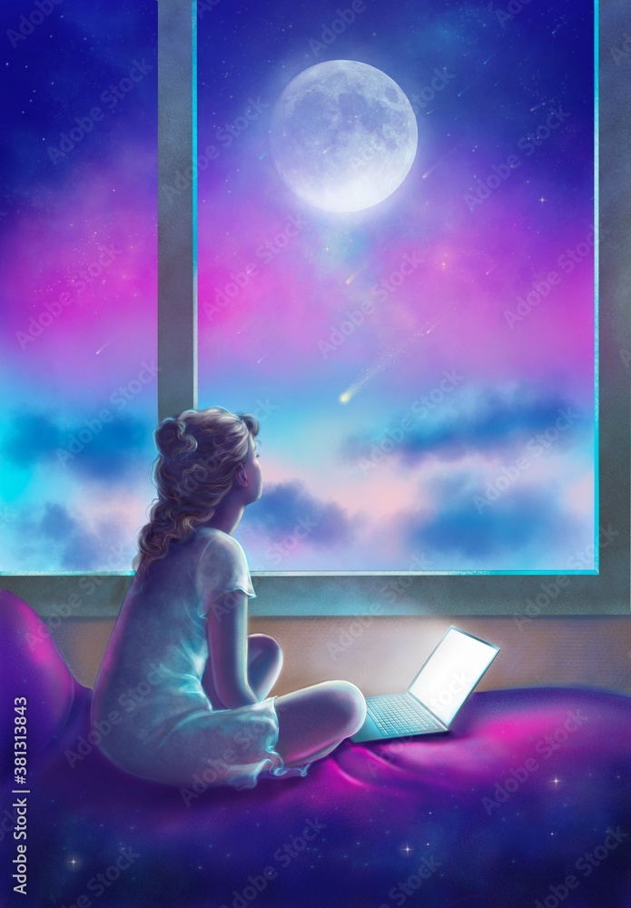 A young girl sits on her bed and looks out the window at the moon and ...