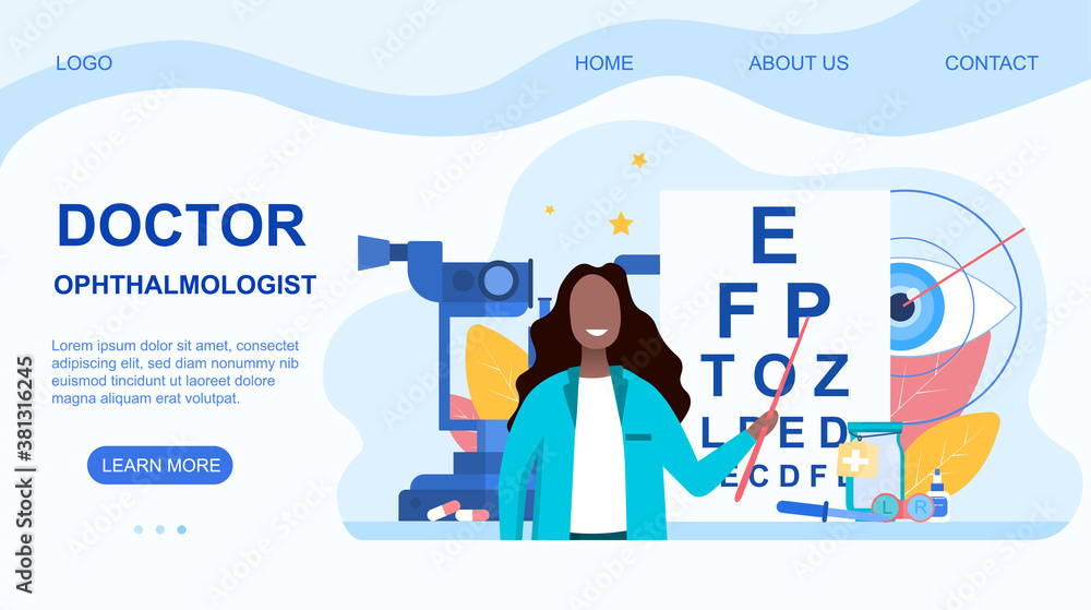 Female ophthalmologist pointing with a pointer to eye chart. Web page ...