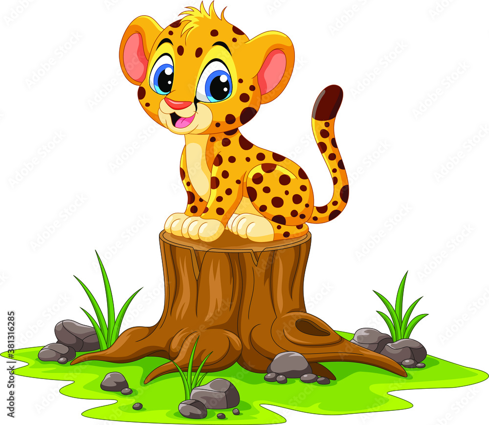 Cartoon happy cheetah sitting on tree stump Stock Vector | Adobe Stock