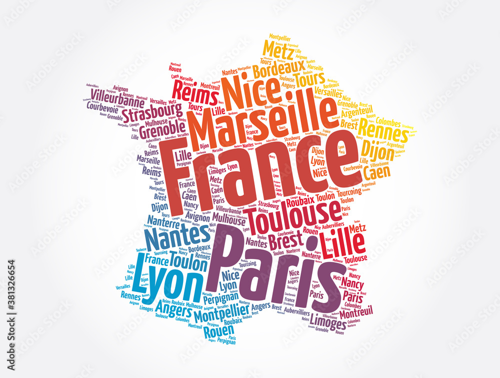 List of cities and towns in FRANCE, map word cloud collage, business ...