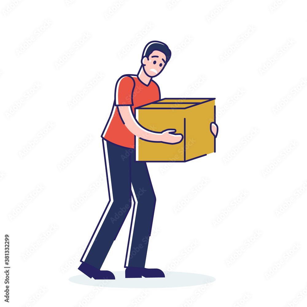 Man lift and carry heavy box with danger for back health. Heavy weight ...