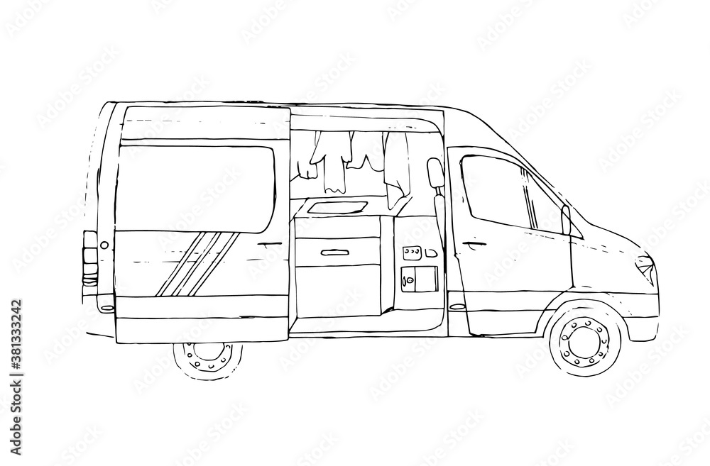 Black and white hand drawn sketch of open living van. Van life ...
