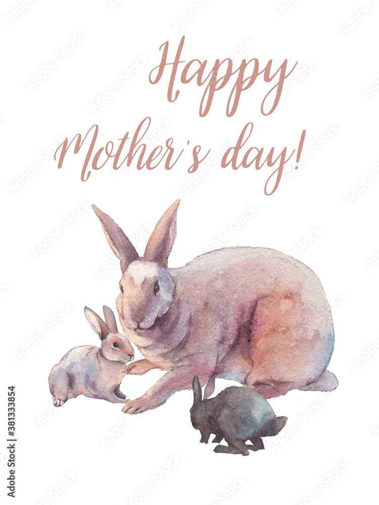 Happy Mother day card with rabbit family. Watercolor illustration. Baby ...
