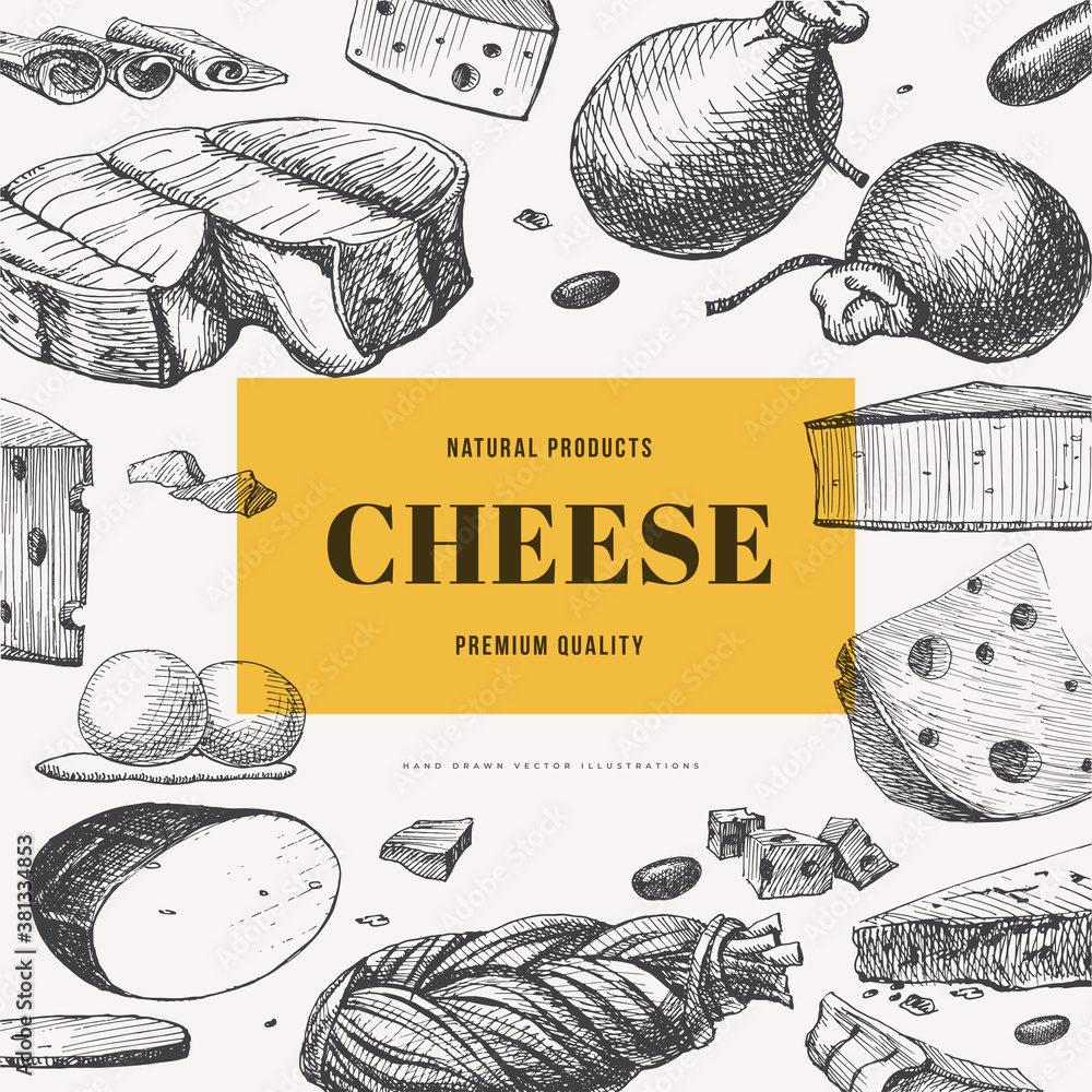 Set of hand-drawn cheeses on light background. Camembert, smoked cheese ...