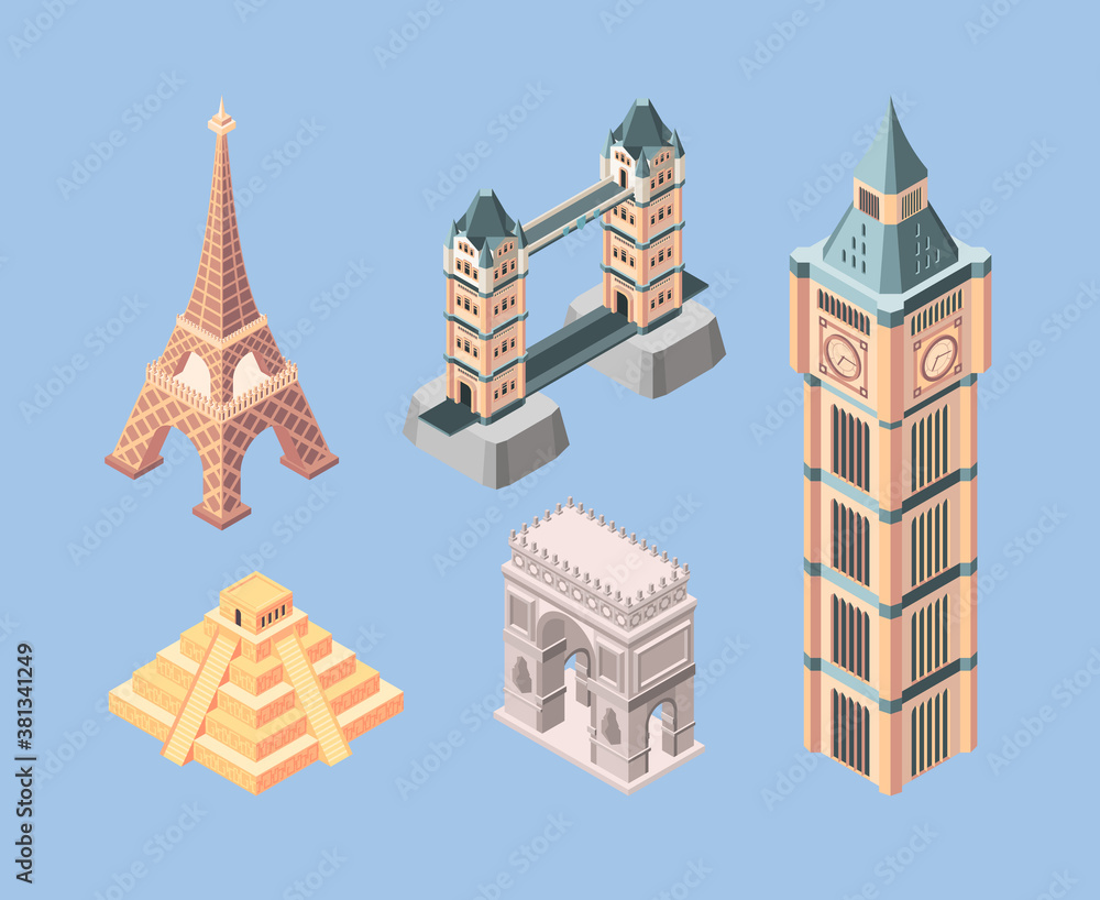 Landmarks isometric. World famous buildings travelling symbols bridges ...