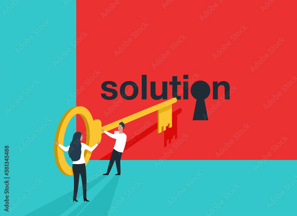 Business solution teamwork concept - small people with big vintage key ...