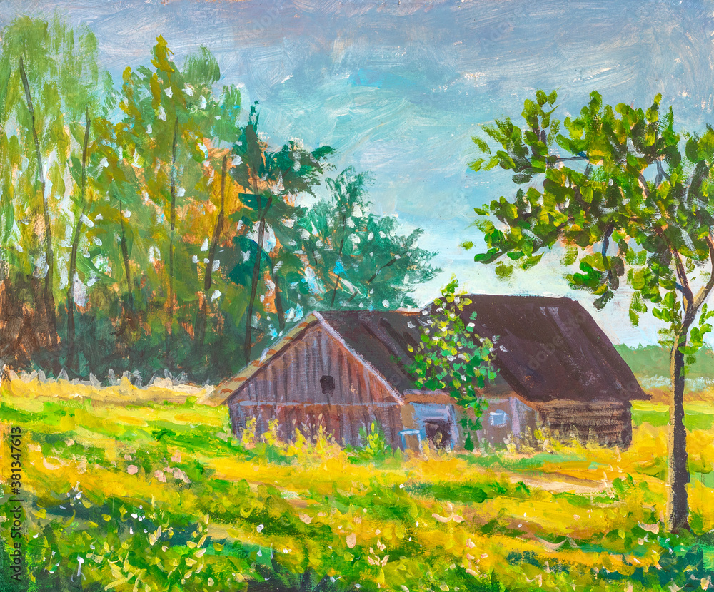 Acrylic oil painting old barn farm house, beautiful spring summer ...