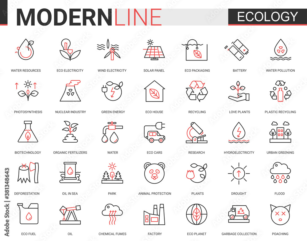 Ecology flat line icon vector illustration set. Red black thin linear ...