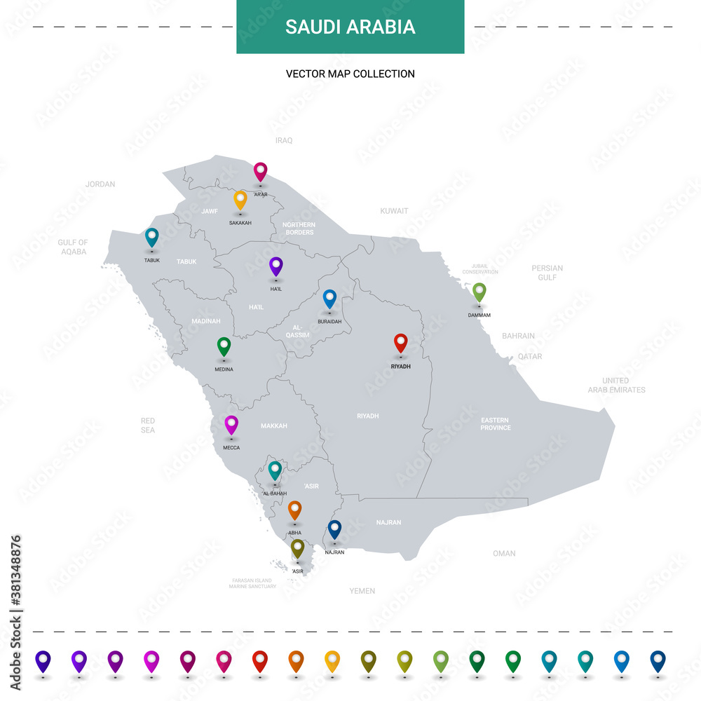 Saudi Arabia map with location pointer marks. Infographic vector ...
