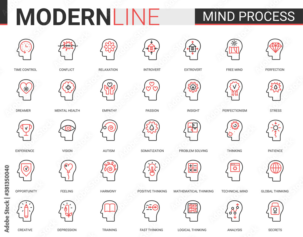 Mind process flat line icon vector illustration set. Red black thin ...