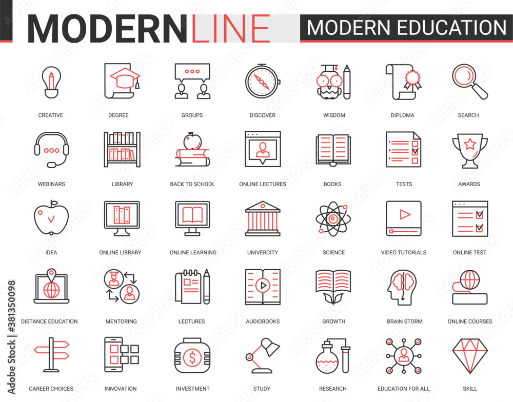 Modern education flat thin red black line icons vector illustration set ...