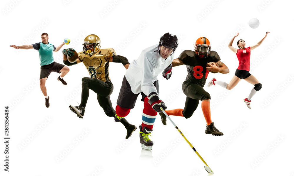 Collage of different professional sportsmen, fit men and women in ...